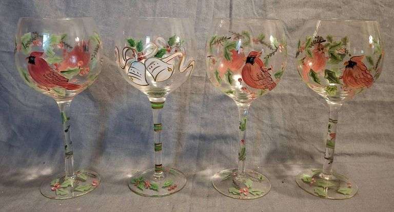 4 – Hand-Painted Glass Goblets with Cardinal and Bell Motifs 8.5″ Hgt ...