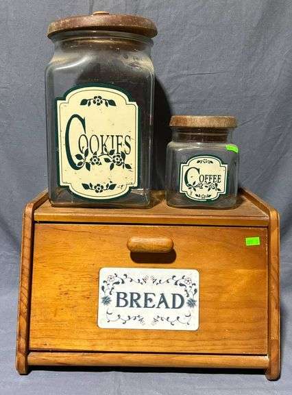 Bread Box with Glass Jars Marked ‘Cookies’ and ‘Coffee’ 4.5”x4.5”x6”-15 ...