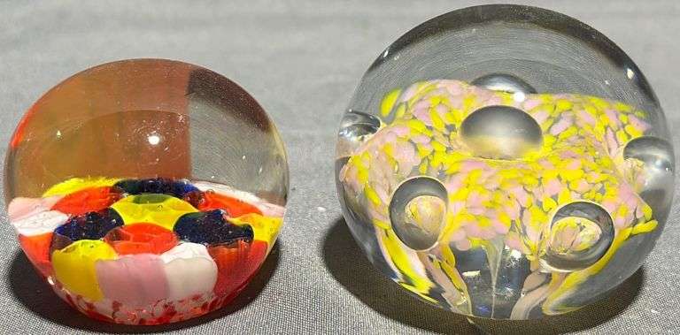 2 Unmarked Glass Paperweights with Multicolored Designs, 1.5”-2”H ...