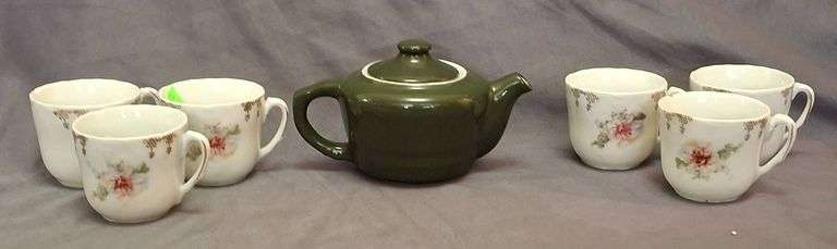Green Teapot by Nitto Kyansei with 6 Floral Porcelain Teacups 2.5″-6 ...