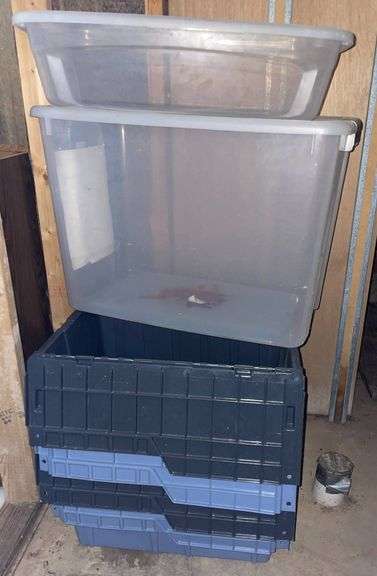 Clear Plastic Storage Bin and Gray Stackable Plastic Crates - Metzger ...