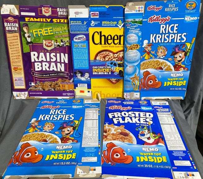 6 Flattened Cereal Boxes Inc Raisin Bran, Cheerios, Rice Krispies, year ...