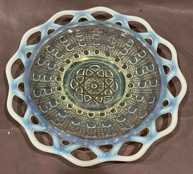 Opalescent Glass Plate with Reticulated Edge and Patterned Center, 7.5 ...