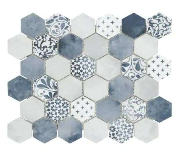 4 Boxes of Sunwings Blue Hexagon Mosaic Recycled Glass Tiles (8.33 Sq ...