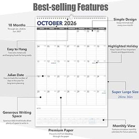 GUASSLEE - Extra Large Wall Calendar 2025-2026, 36in x 24in Jumbo ...