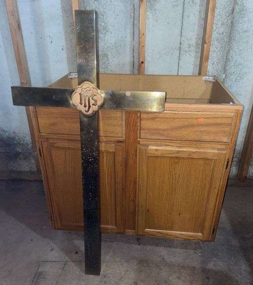 Brass Wall Cross with IHS Inscription and Wood Cabinet Base, 48”H, 36 ...