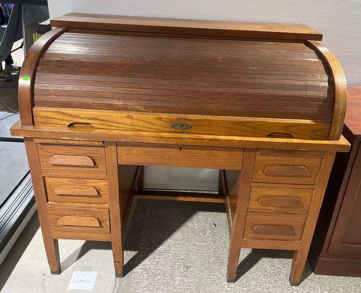 Oak Roll-Top Desk with Multiple Drawers and Tambour Closure 48” top is ...