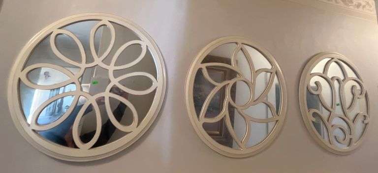 Three Round Wall Mirrors with Geometric and Scrollwork Frames, 24 ...