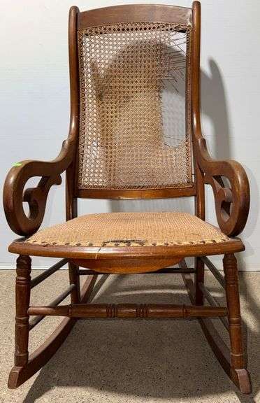Cane-Back Rocking Chair with Scroll Armrests, Needs Repair, 40.5” H x ...