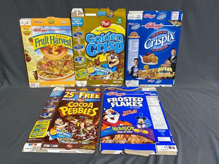 5 Empty Cereal Packaging Boxes Including Kellogg’s, Post, Cocoa Pebbles ...