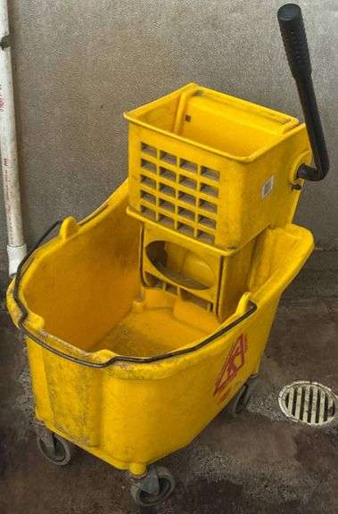 Yellow Plastic Mop Bucket with Wringer and Caution Warning Label ...