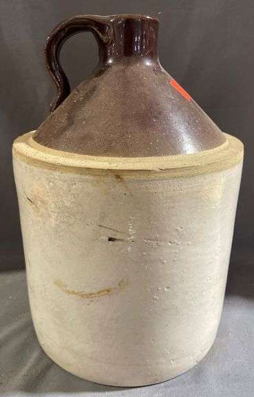 Two-Tone Stoneware Jug with Brown Glazed Neck and Handle (chip on rim) 11”, - Metzger Property ...