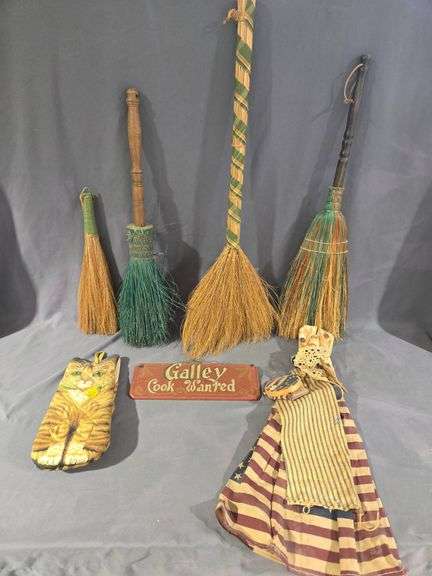 4 Straw Brooms, Fabric Cat Holder, Patriotic Rag Doll, and Wood Sign ...