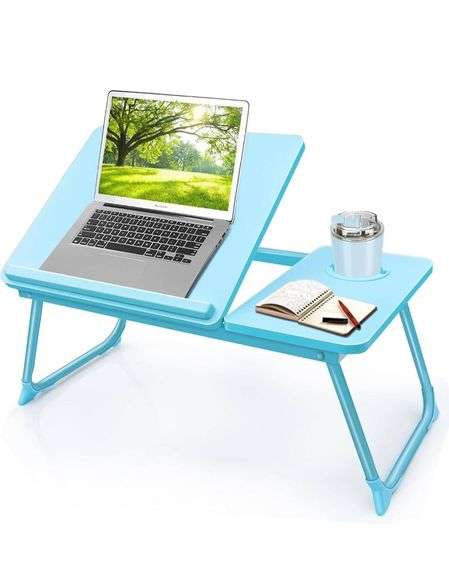 Folding Computer Table in Blue with Adjustable Surface and Cup Holder ...