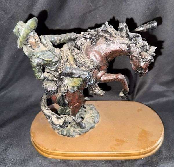 Bronze-Finished Figurine of Rodeo Cowboy on Bucking Horse 9” Tall ...
