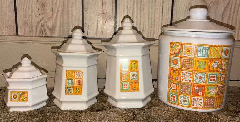 3 Lidded Jars and 1 Glass Lidded Jar with matching Geometric Designs ...