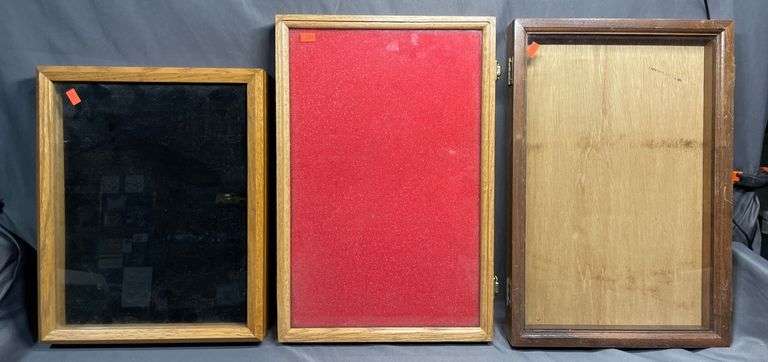 3 Wood Frame Display Cases With Felt Interiors & Glass fronts 18”x12 ...