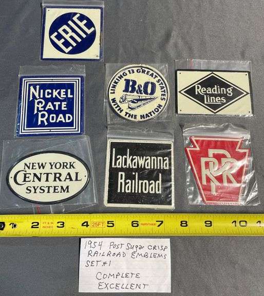 (7) 1954 Post Sugar Crisp Railroad Emblems - Metzger Property Services, LLC