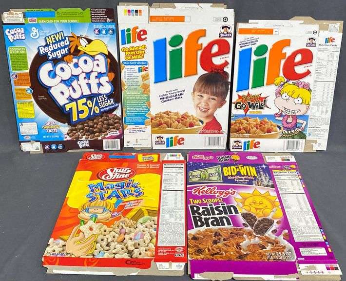 5 Flattened Cereal Boxes Inc. Cocoa Puffs, Life, Kellogg’s Raisin Bran ...