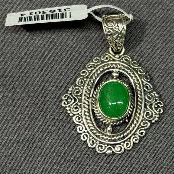 Pendant with Green Oval Gemstone and Filigree Detail, Marked .925, 1.5 ...