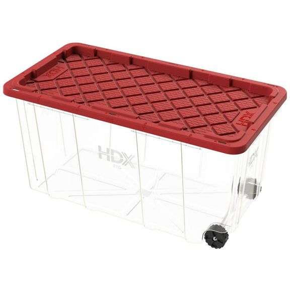 HDX - 77 Gal. Tough Storage Tote with Wheels in Clear with Red Lid ...