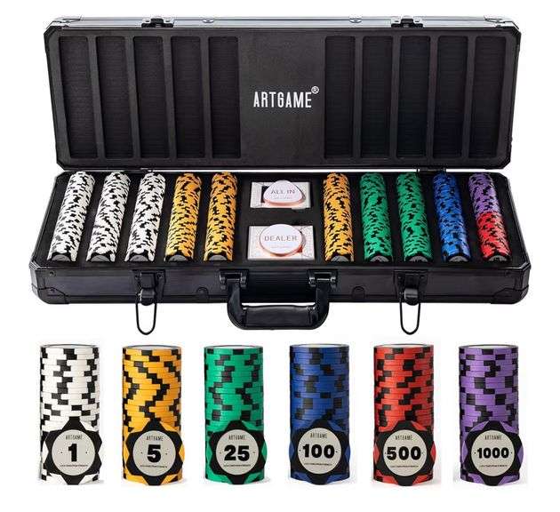 ARTGAME Poker Chip Case with Chips, Dealer Button, and Playing Cards ...