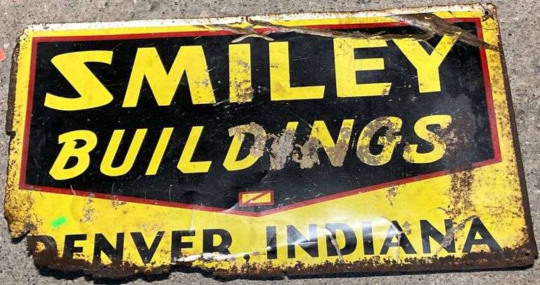 Smiley Buildings Metal Advertising Sign, Denver, Indiana, (shows wear ...
