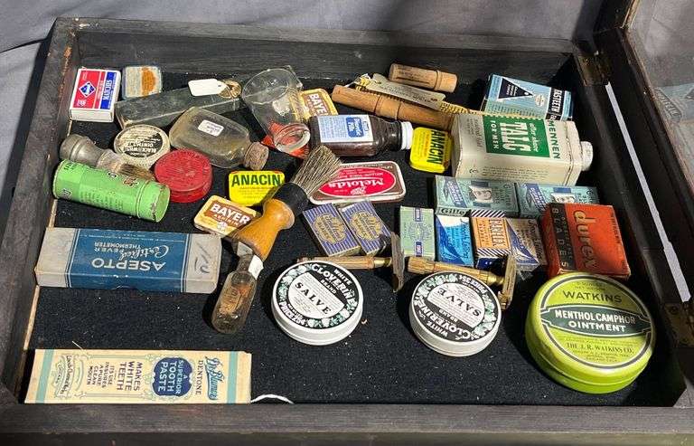 Framed Display of Assorted Shaving and Health Items: Bayer Aspirin ...