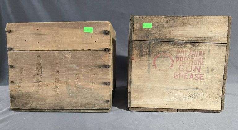 Two Rectangular Wooden Crates With Stenciled Text - Metzger Property ...
