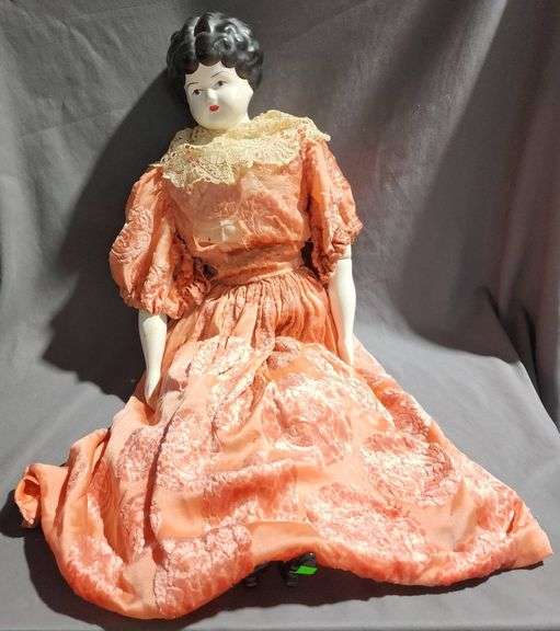 Porcelain-Head Doll with Fabric Body and Pink Satin Dress, 27 ...