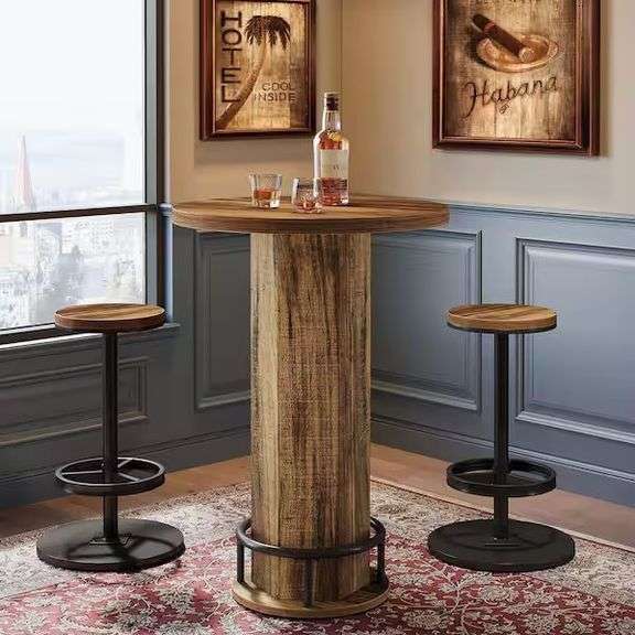 ByBlight Kearsten Brown 3-Piece Round Bar Table with 2 Stools, 24”x38 ...