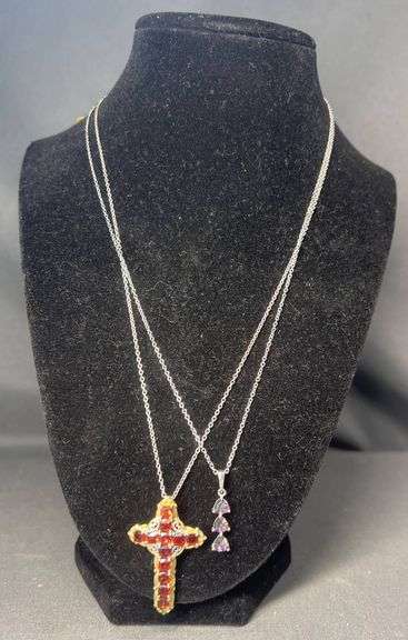 2 Silver-Tone Necklaces with Red Cross Pendant and Purple Dangle ...