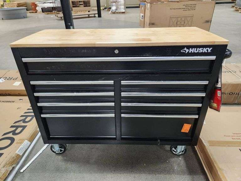 Husky 46 in. 9-Drawer Mobile Workbench with wood top has minor scuffing ...