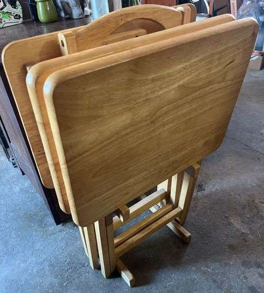 4 Folding TV Trays with Matching Stand in Light Wood Finish - Metzger ...