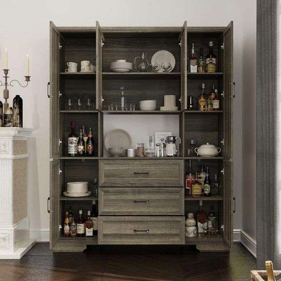 FUFU&GAGA - Gray Oak Wood 63 in. Pantry Cabinet with 13 Shelves, 3 ...