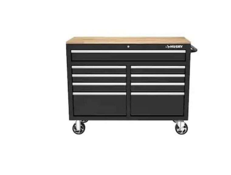 Husky 46 in. 9-Drawer Mobile Workbench with Wood Top and Keys - Metzger ...