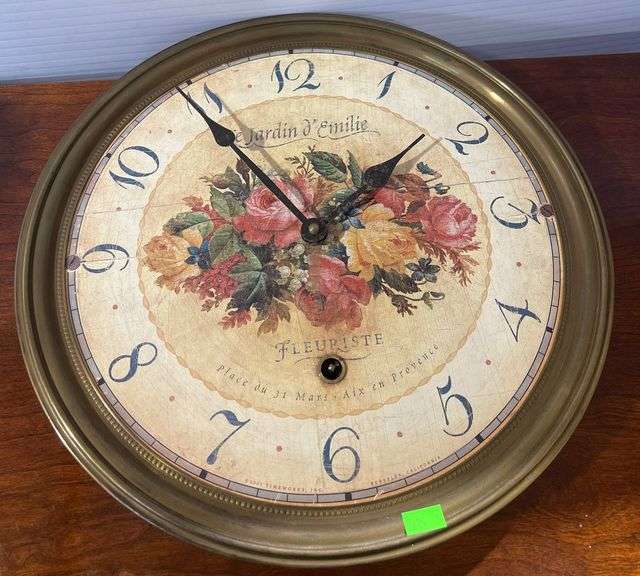 Timeworks Brass-Framed Clock with Floral Dial and Roman Numerals, 14” x ...