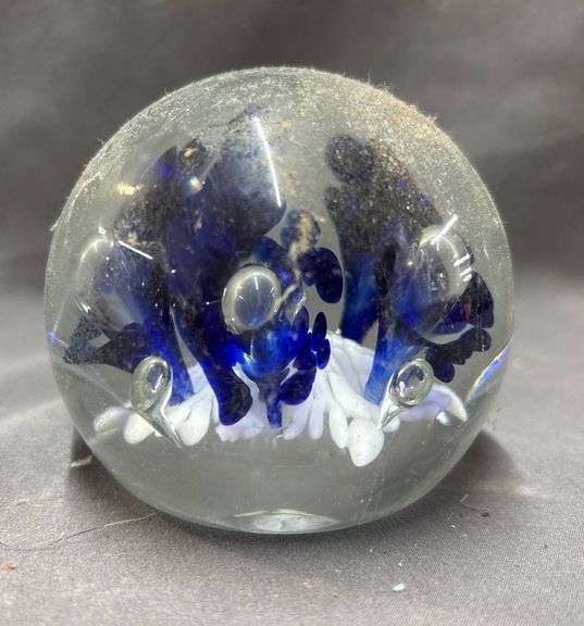 Clear Glass Paperweight with Blue and White Encased Design 3.5 ...