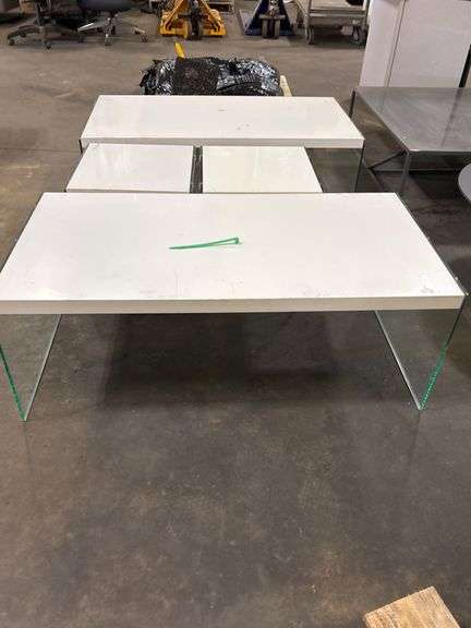 4 White-Topped Coffee and Side Tables with Glass Panel Legs - PICK UP ...