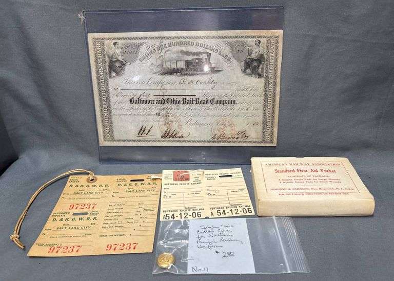 Railroad Ephemera with Baltimore-Ohio Stock Certificate, Tags, Button ...