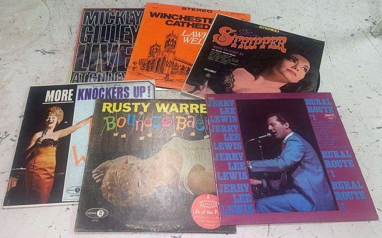 Record assortment including Jerry Lee Lewis, Rusty Warren, Lawrence ...