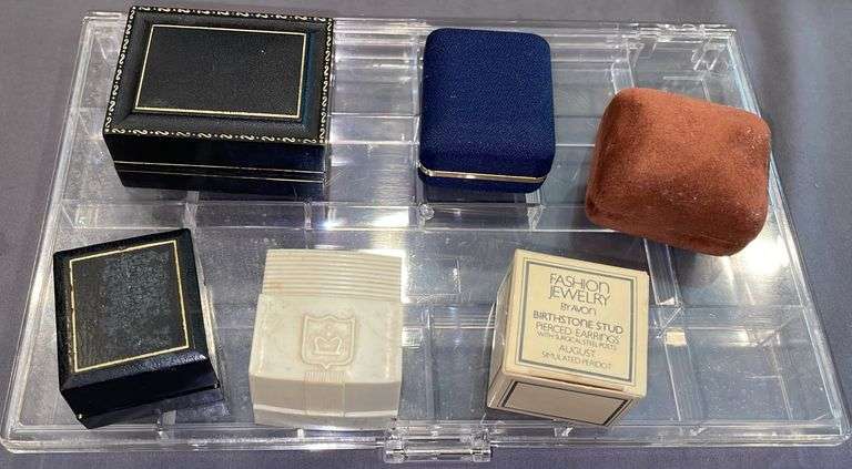 (4) Ring cases, (1) earring case, Avon August birthstone stud earring ...