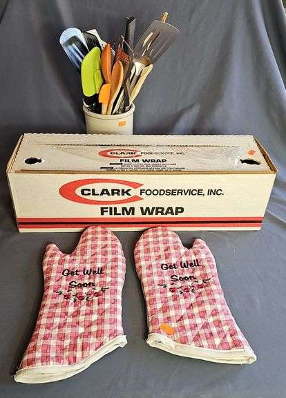 Clark Film Wrap, (2) “Get Well Soon” Oven Mitts, Kitchen Utensils in ...