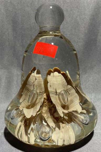 Joe Rice Glass Bell Paperweight w/ Cream Flowers 5" - Metzger Property ...