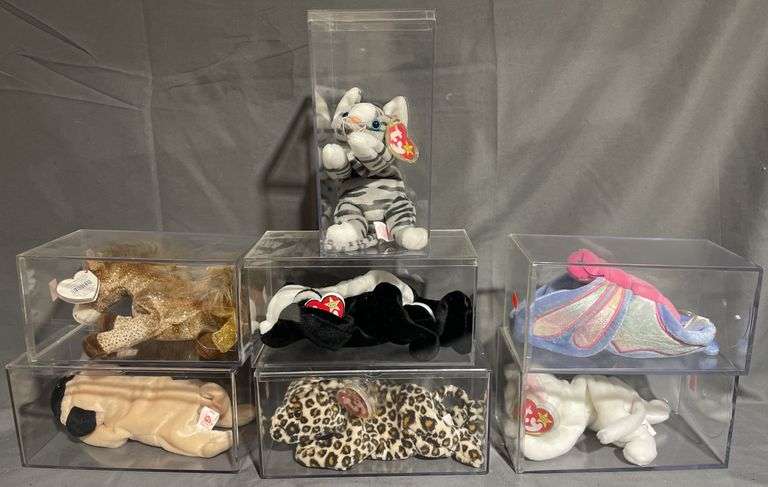 (7) TY Beanie Babies in plastic display cases including Freckles, Filly ...
