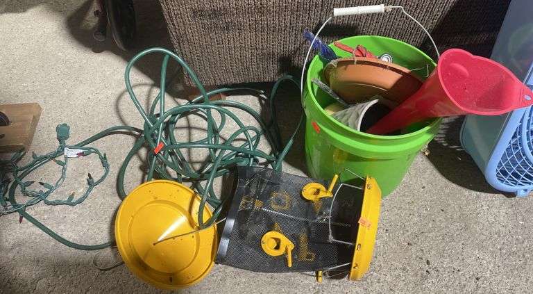 Extension cord, funnel, bucket, cardinal figurine, bird feeder (broken ...