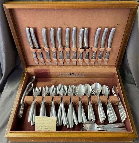 Solid aluminum “colura” flatware set in Gorham case inc. forks, spoons ...