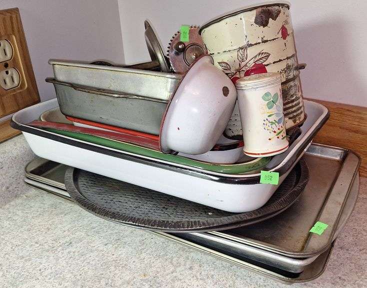 Enamel ware, cookie sheets, sifter and shaker, hand blender - Metzger ...
