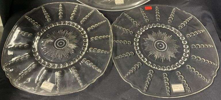 Fostoria Holly clear glass serving tray 13”, (2) Columbia clear glass ...