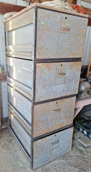 Metal storage drawers with contents inc. trowels, grease gun, hardware ...